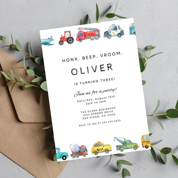 Honk Beep Vroom Birthday Invitation - Etsy