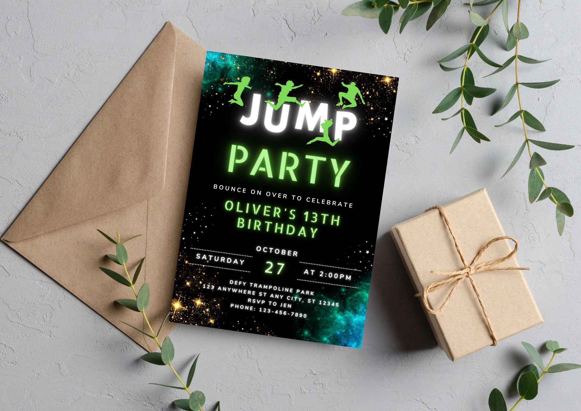 Green Trampoline Park Invitation Jump Party Invitation Editable ...