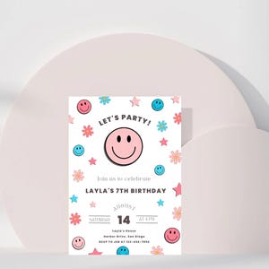 Retro Smiley Face Flower Party Invitation | Editable Template | Digital ...