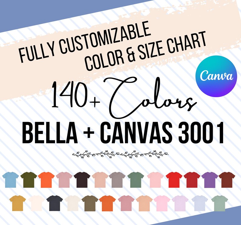 Bella Canvas 3001 Size and Color Chart: Editable Canva Template ...