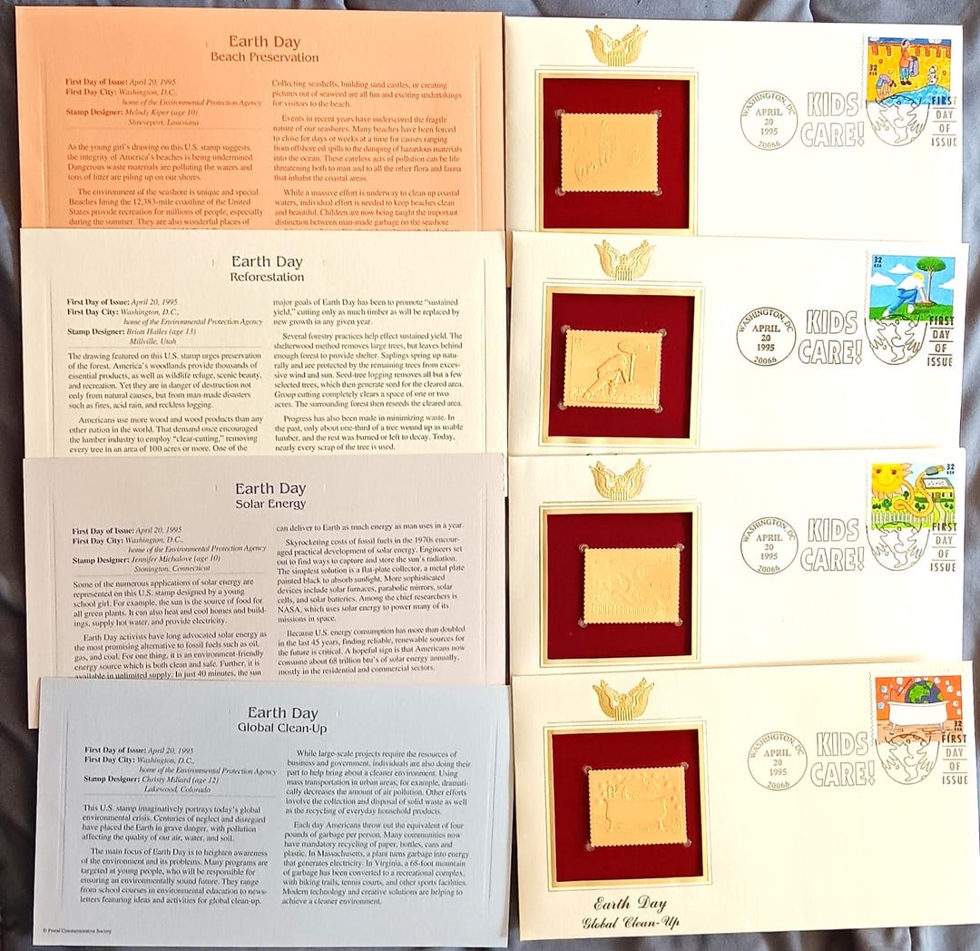 USPS Commemorative, Stamps, 4 Gold Replicas, 1st Day Issues, Earth Day ...