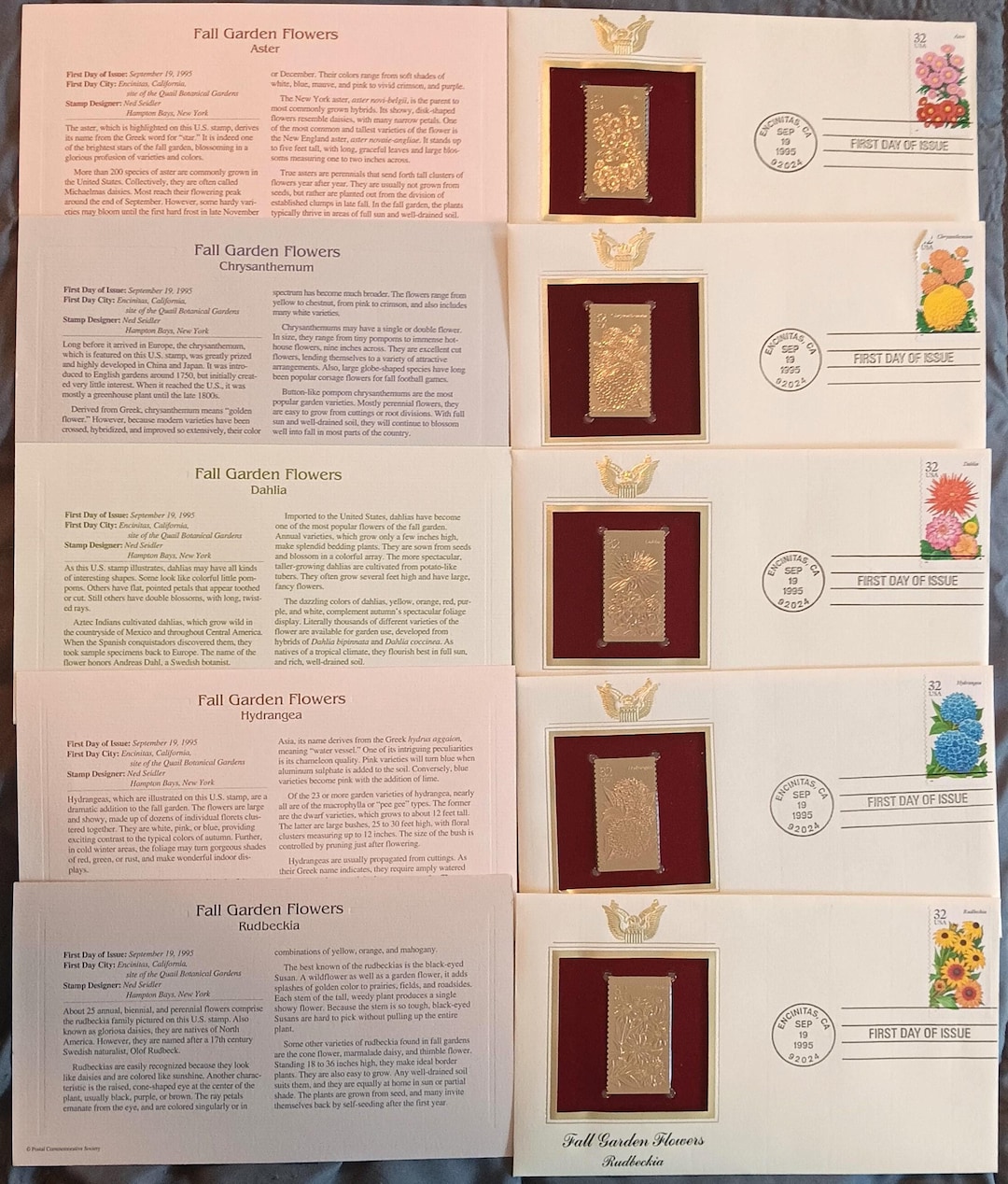 USPS Commemorative, Stamps, 5 Gold Replicas, 1st Day Issues, Fall ...