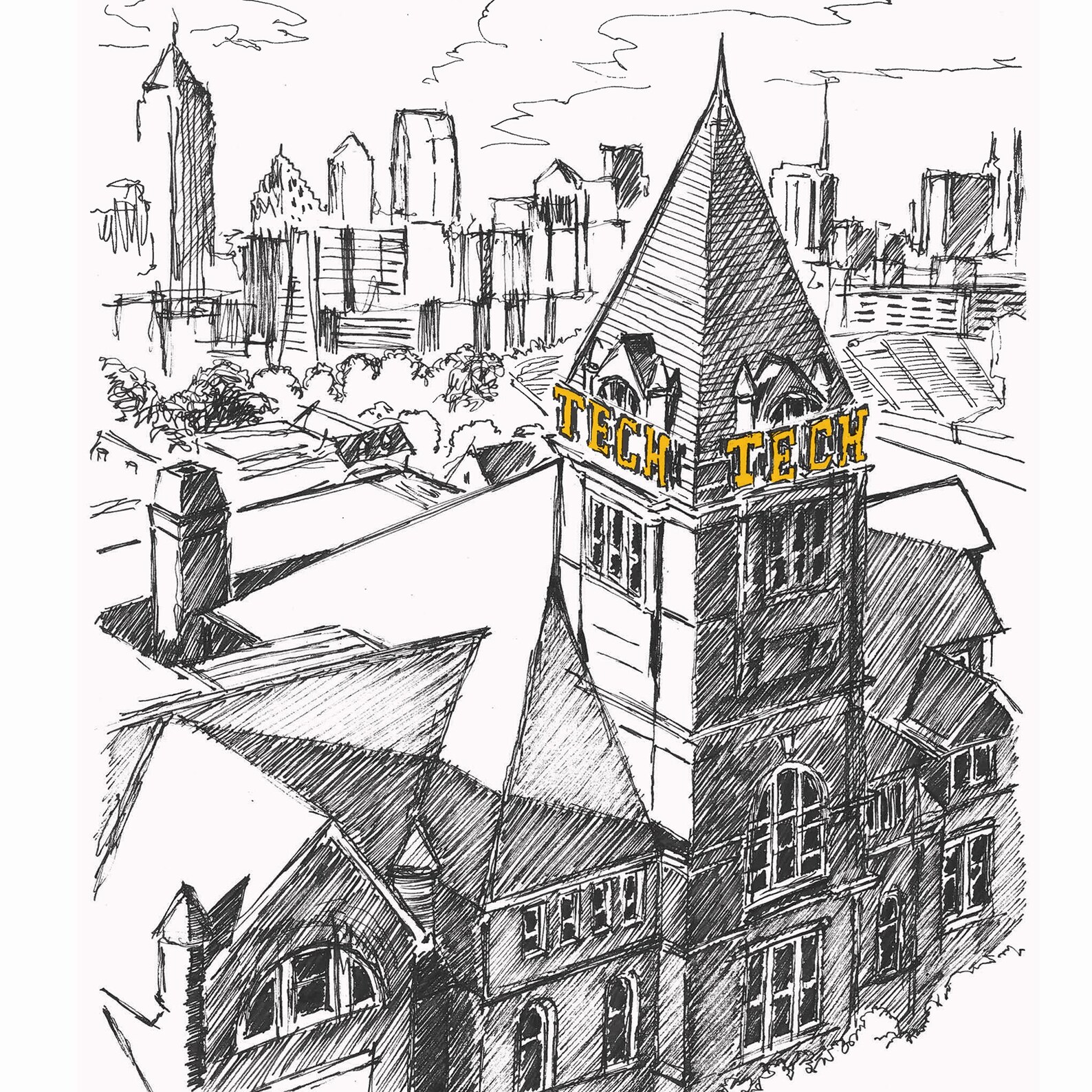 Georgia Tech, Tech Tower. Plein Air, Pen & Ink Sketch, Printed on ...