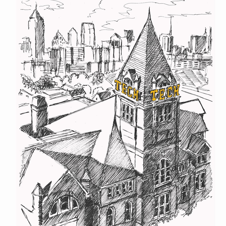 Georgia Tech, Tech Tower. Plein Air, Pen & Ink Sketch, Printed on ...