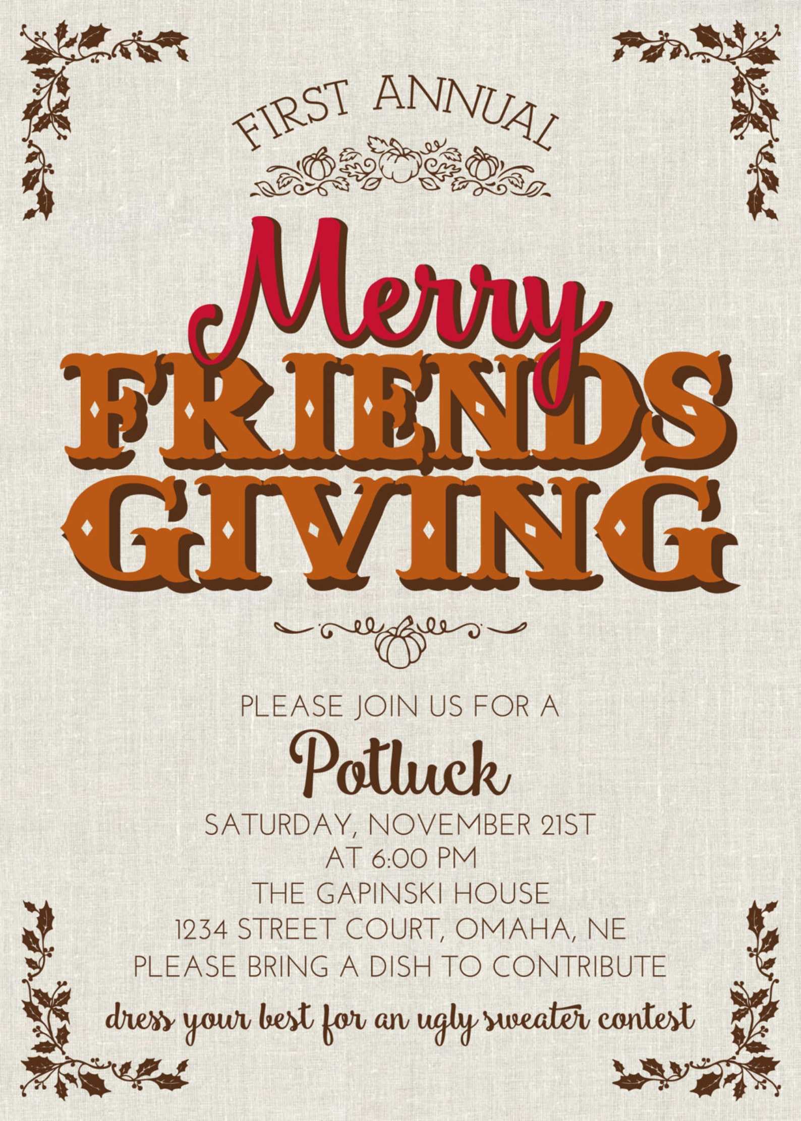 FriendsGiving or Merry FriendsGiving Potluck Invitation | Etsy