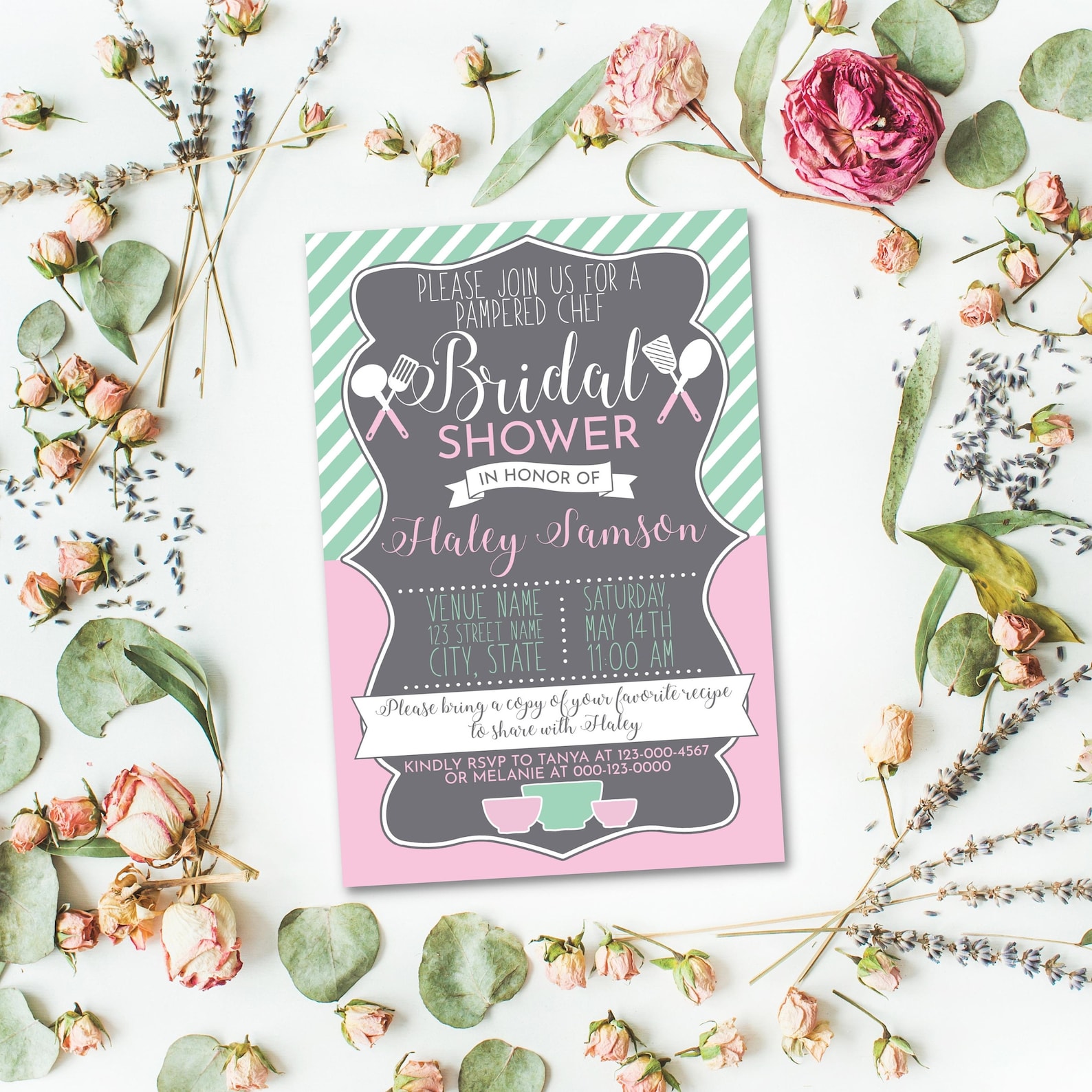Pampered Chef Bridal Shower Invitation, Blush Pink and Mint Green ...