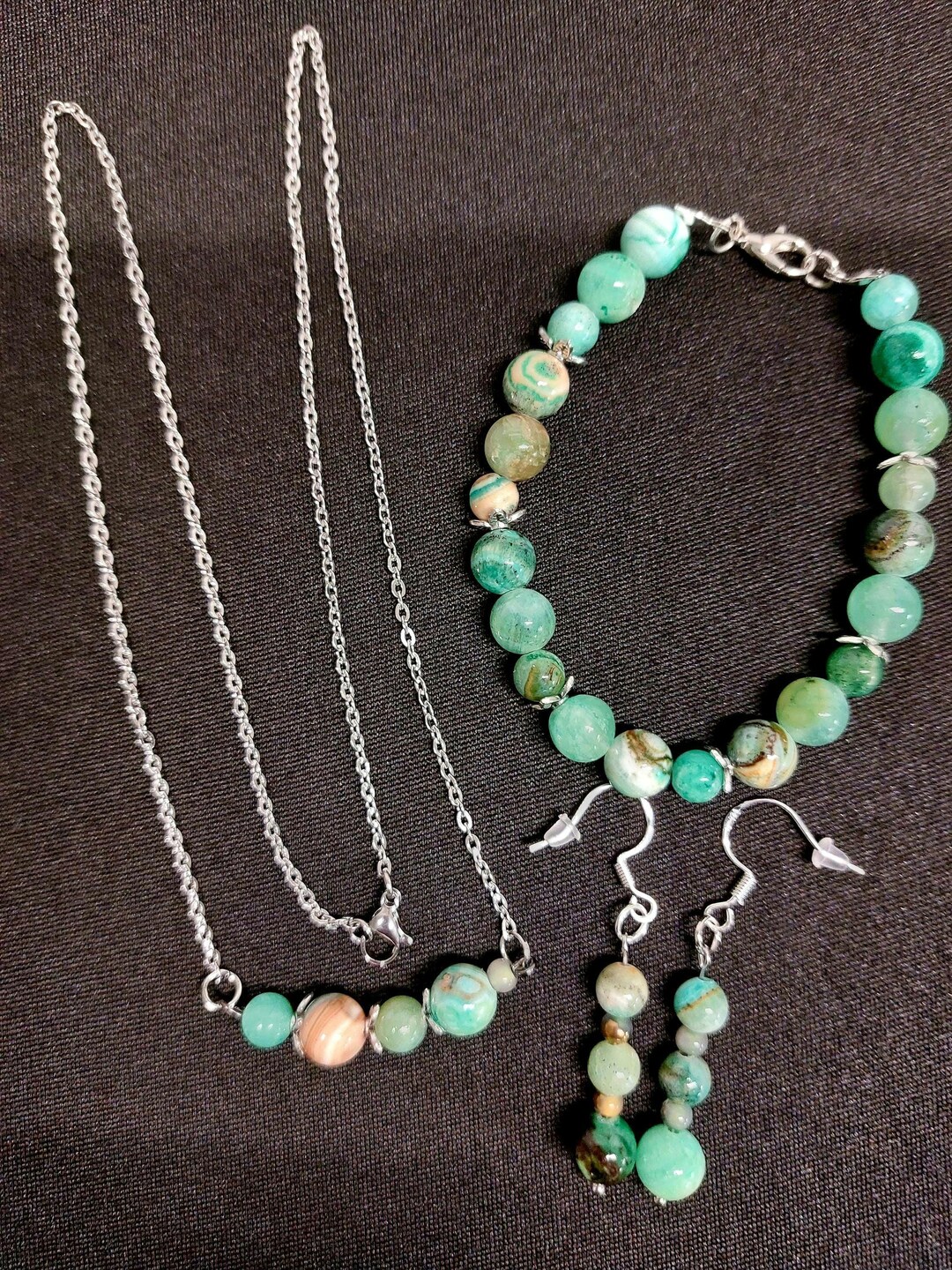 3-piece Set in Natural Green Calcite Stone. Necklace, Bracelet, Earring ...