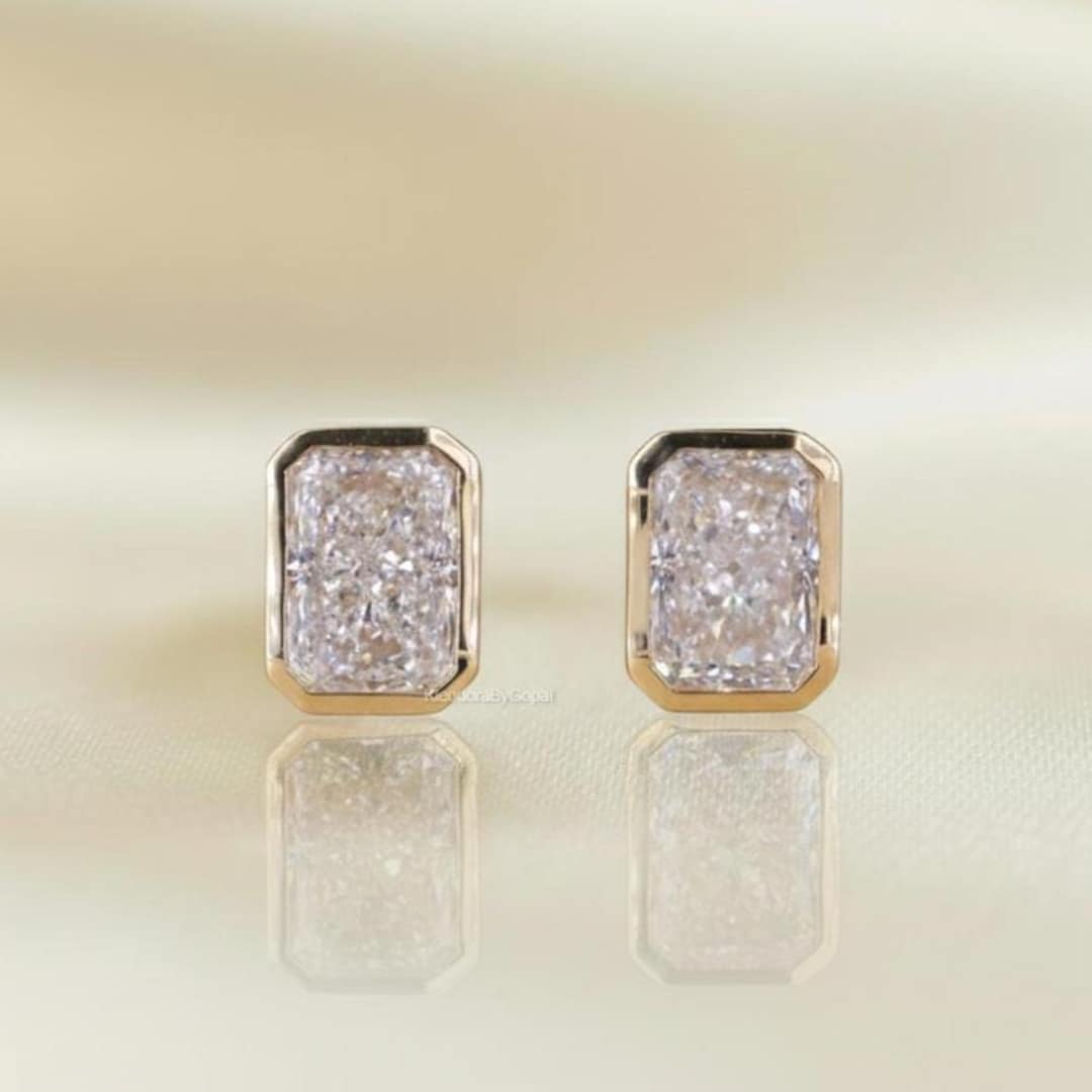 1 + 1 Ctw Radiant Cut Moissanite Stud Earring, Bezel Set Radiant ...