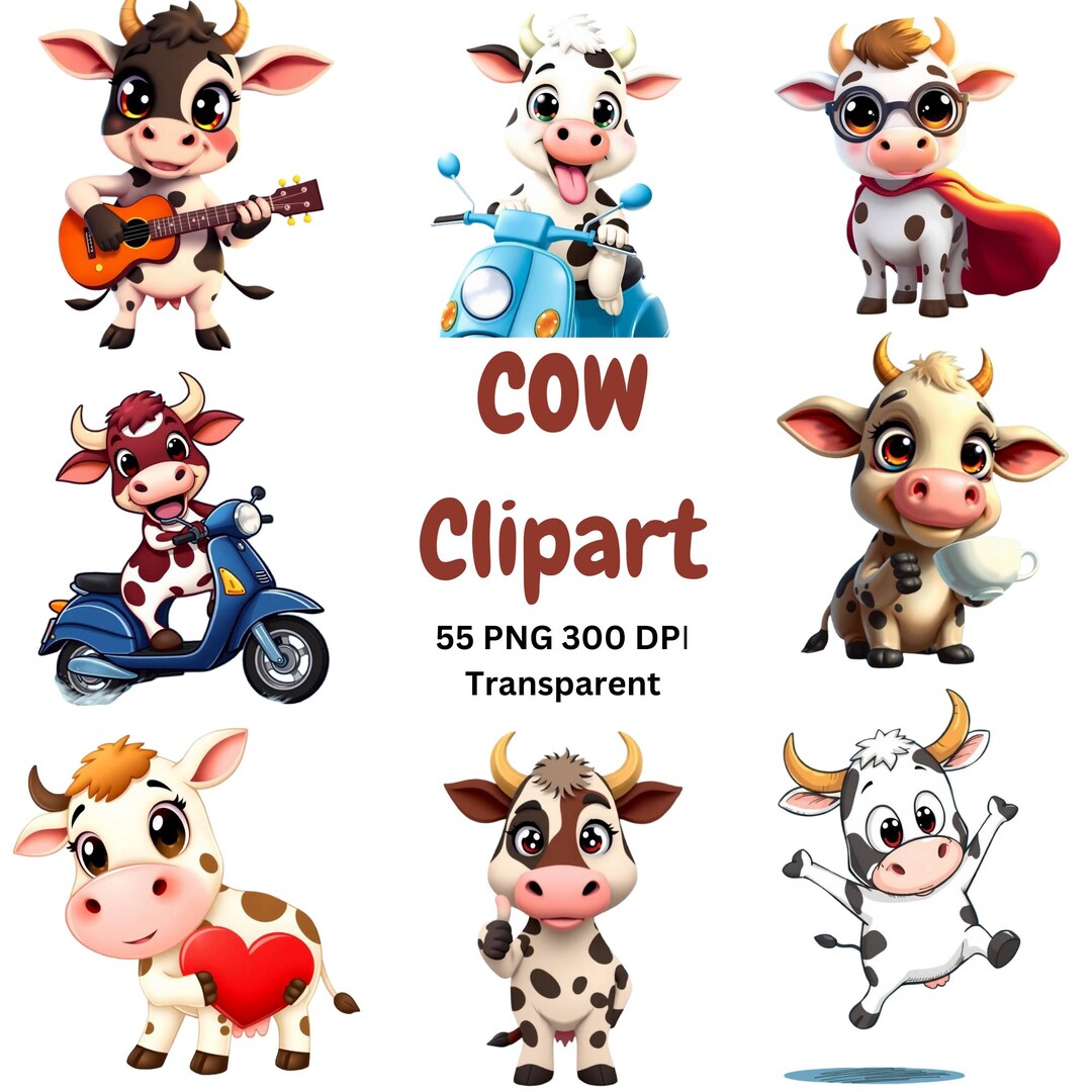 Quirky Funny Cow Clipart Bundle – Transparent Background Cartoon Cow ...