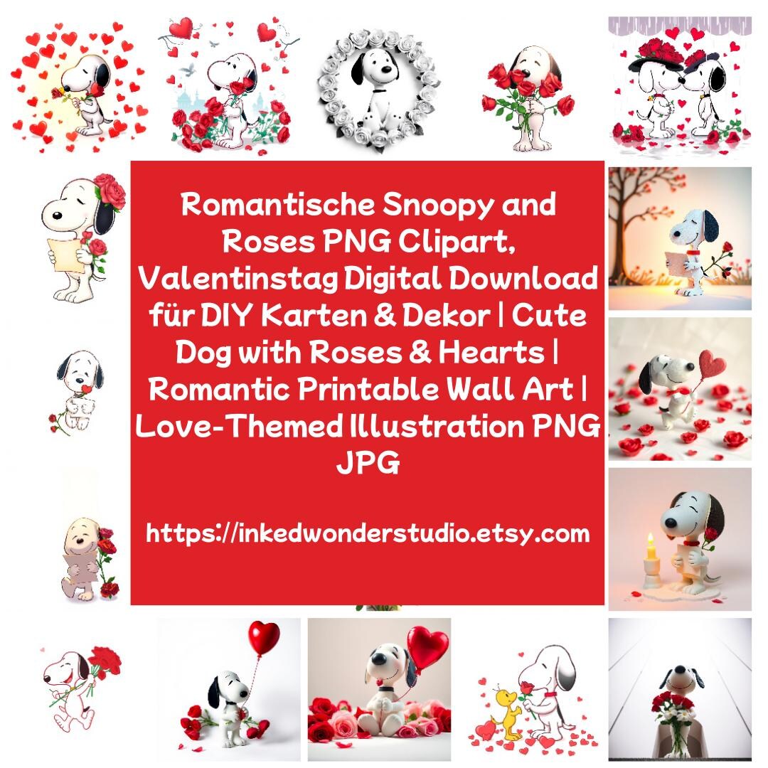 225 Romantic Snoopy and Roses PNG Clipart, Valentine's Day Digital ...