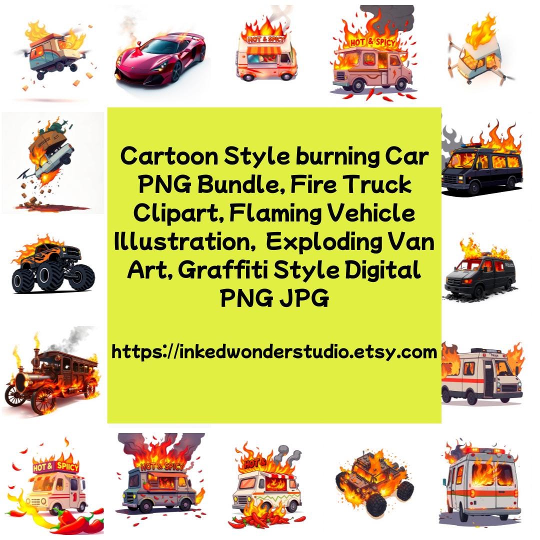 250 Cartoon Style Burning Car PNG Bundle, Fire Truck Clipart, Flaming ...