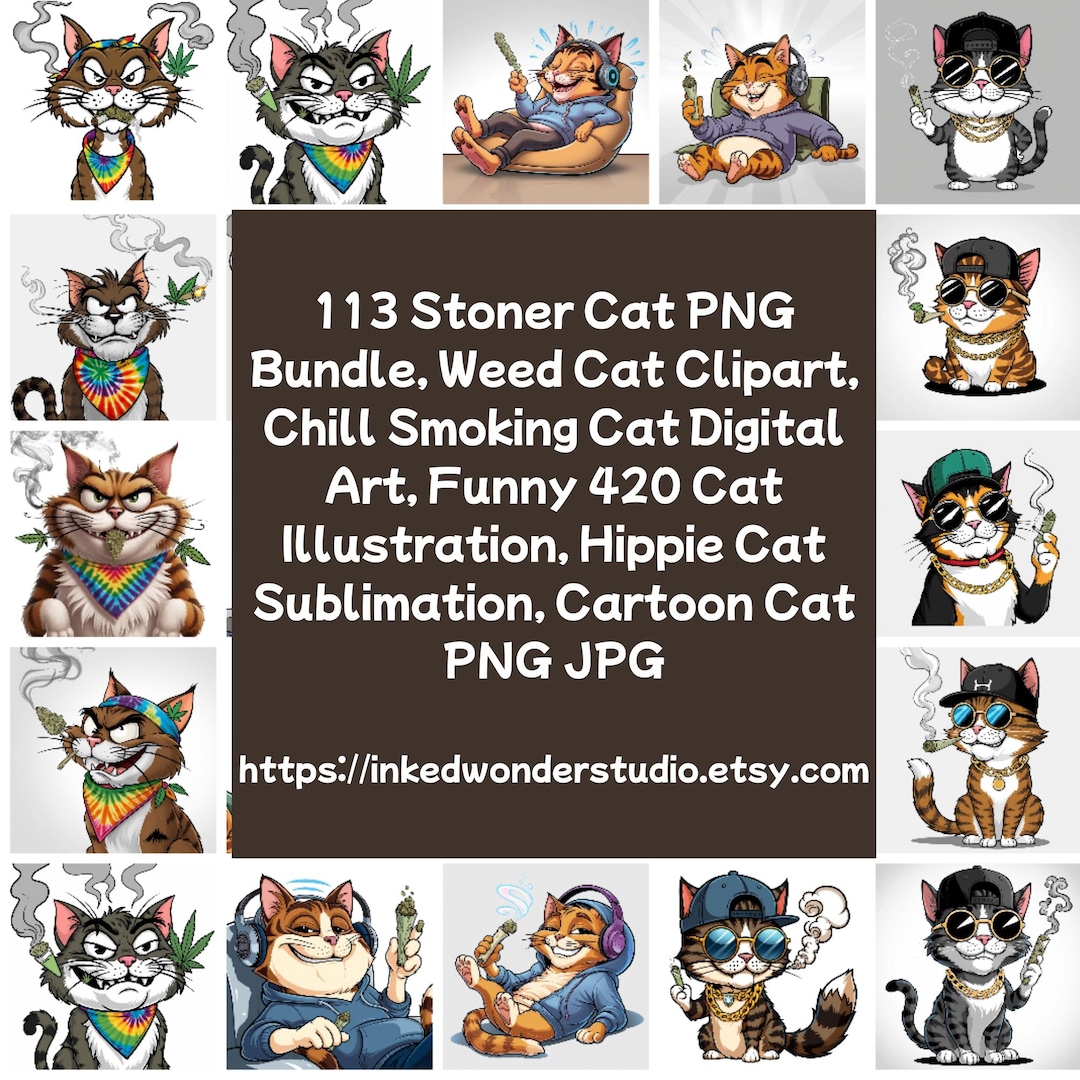Stoner Cat PNG Bundle 420 Weed Cat Clipart & Sublimation Funny Smoking ...