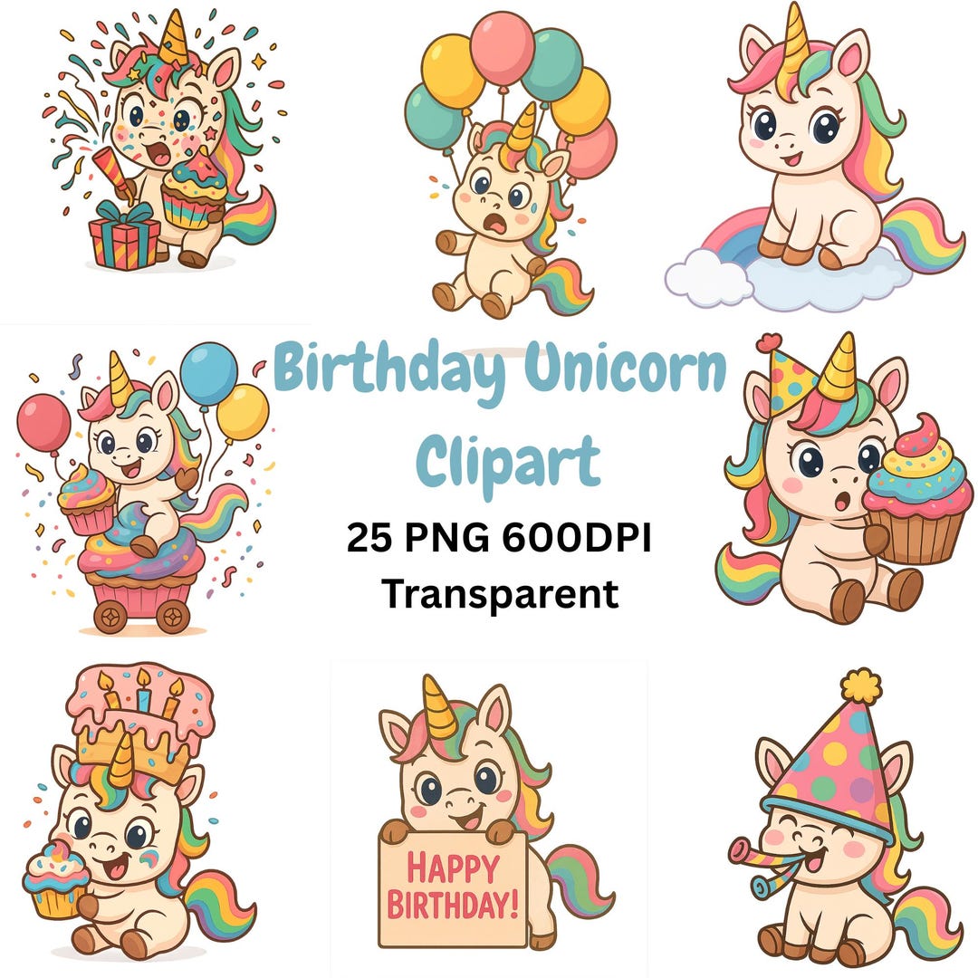 Unicorn Birthday Clipart Bundle | Rainbow Unicorn PNG | Party ...