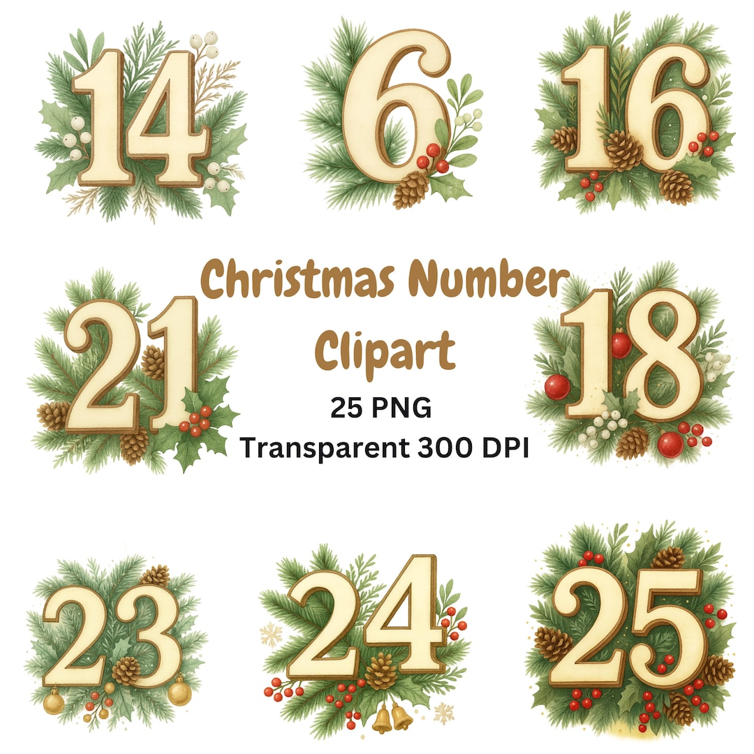 Christmas Numbers Clipart PNG Bundle — Watercolor Advent Calendar ...