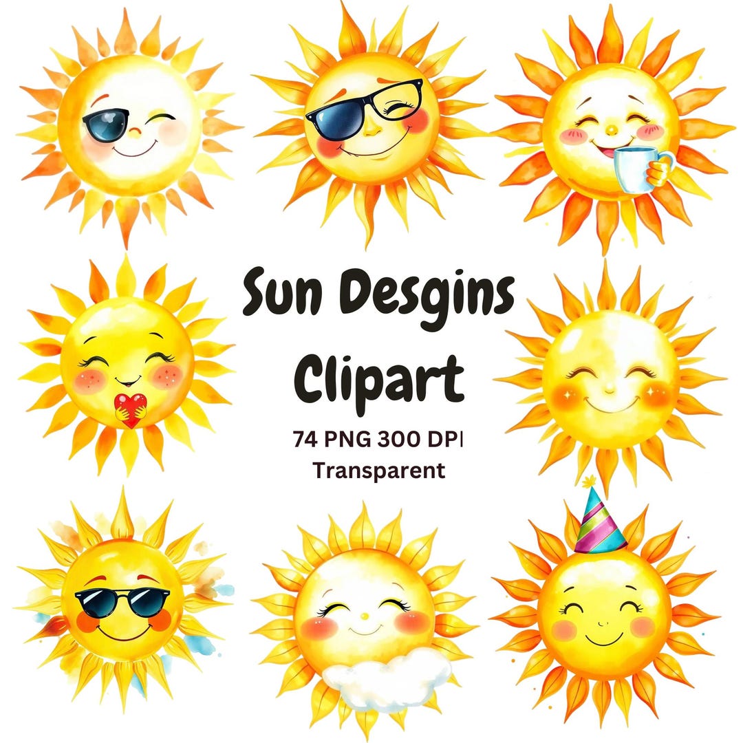 Watercolor Sun Clipart Bundle Summer PNG Nursery Clip Art Watercolor ...