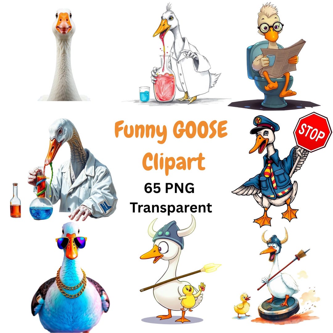 Silly Goose Clipart PNG Bundle,funny Goose Png, Watercolor Quirky Goose ...