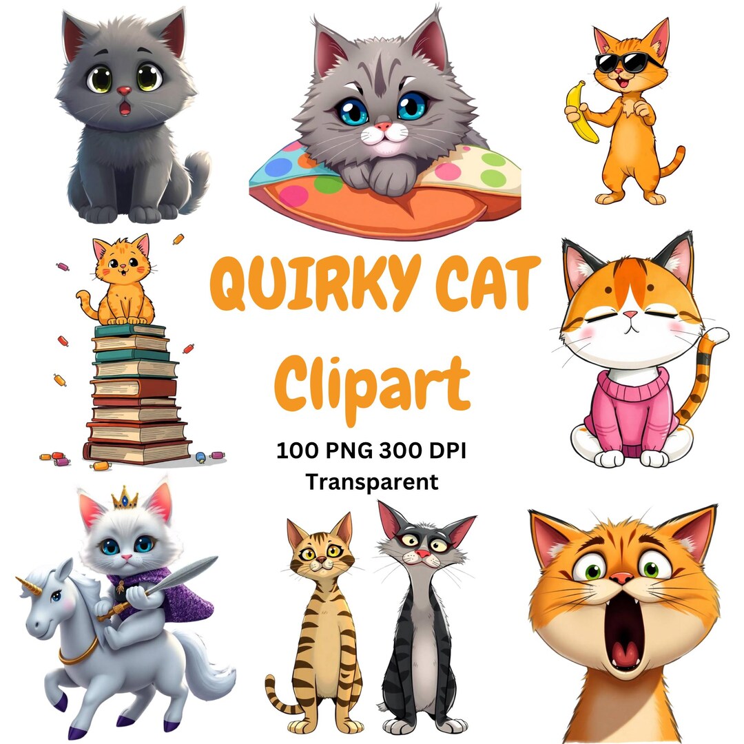 Quirky Cat Clipart PNG Whimsical Kitten Sublimation Clip Art Cute ...