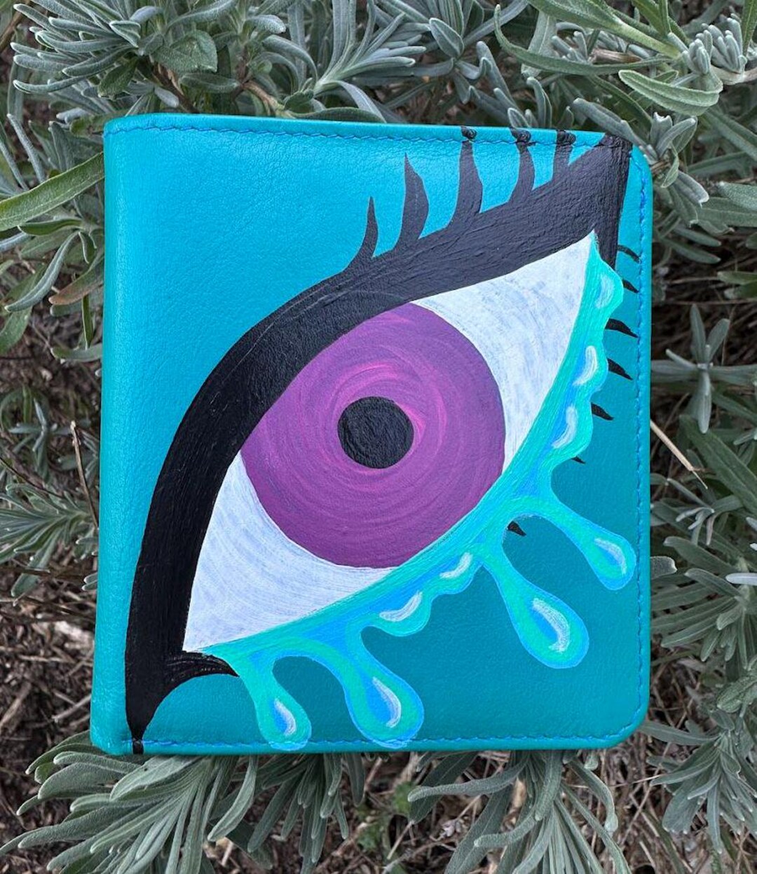 Hand Painted Crying Drippy Eye Teal Blue Genuine Leather RFID Single ...
