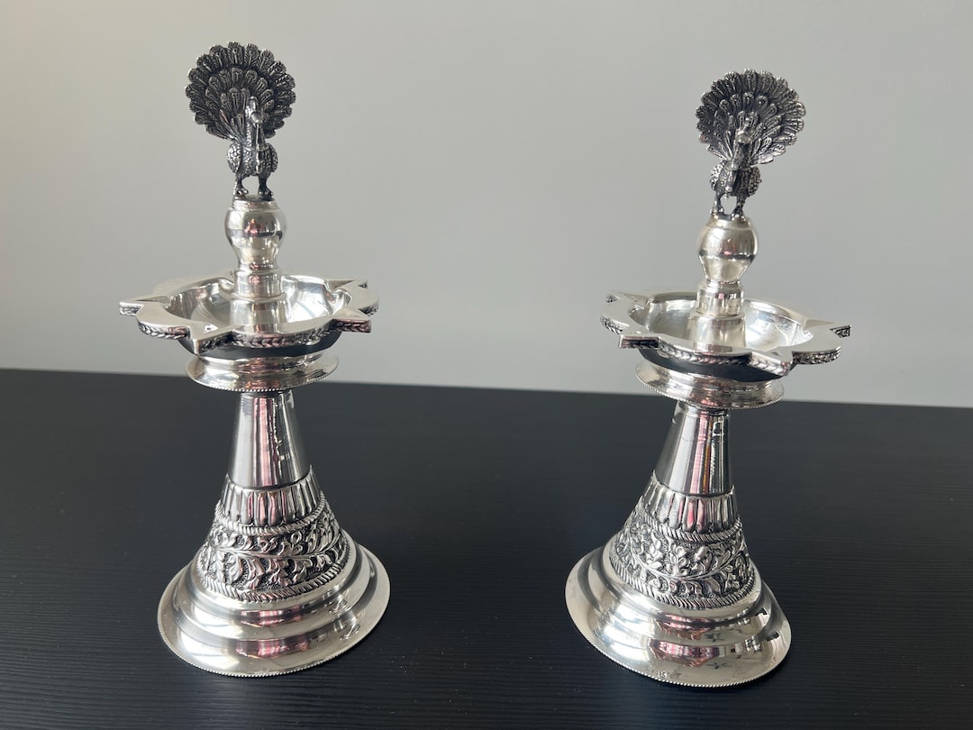 925 Sterling Silver Tall Samai (diya) With Peacock Design - Etsy