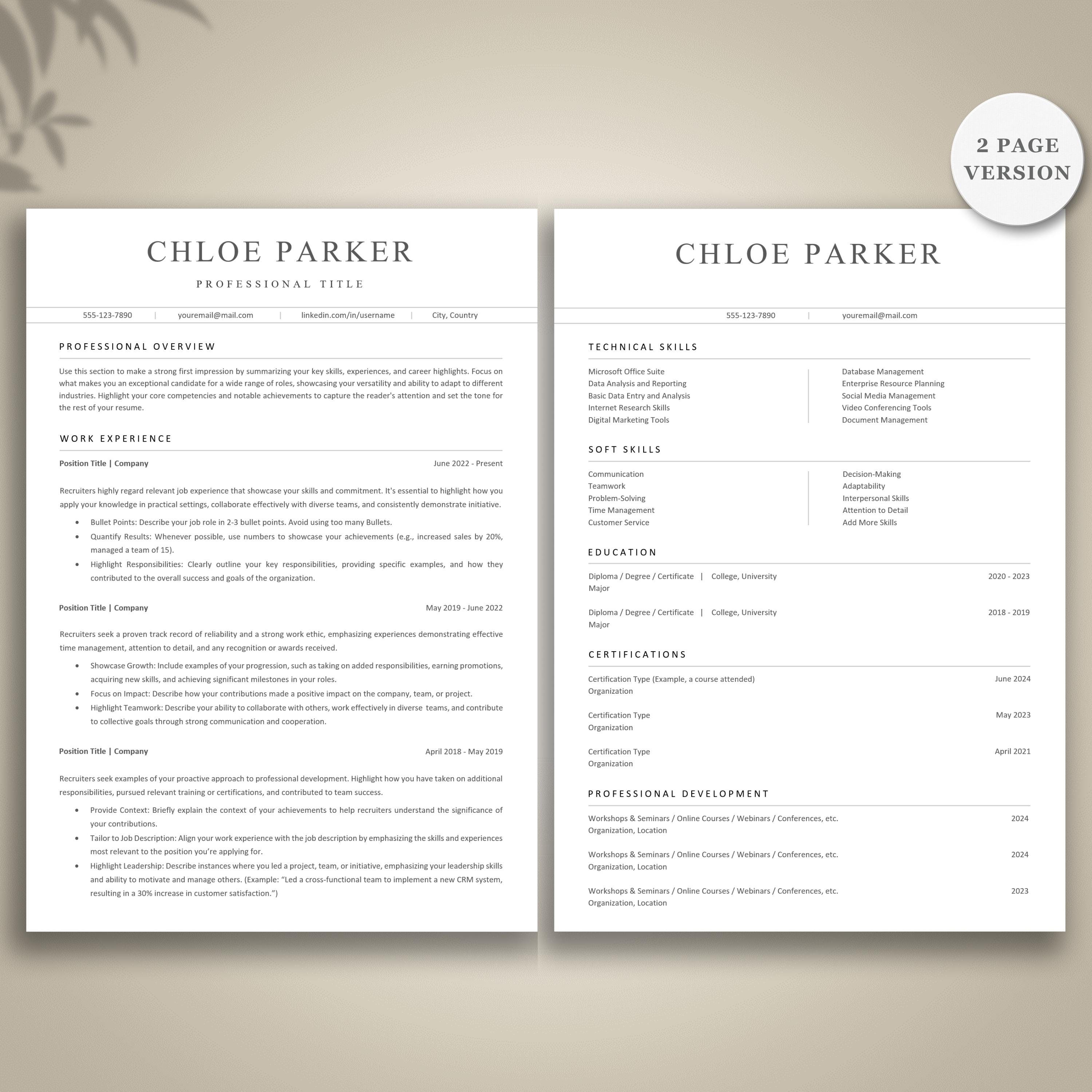 Resume Word Template, 2-page Modern Ats-compliant CV Format, Clean ...