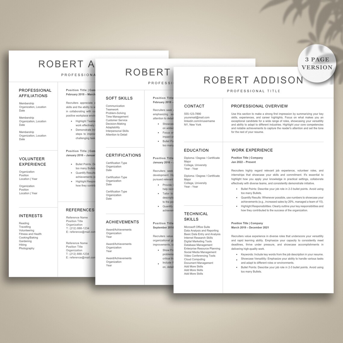 1-3 Page Print Ready Resume Template for Word With Cover Letter ...