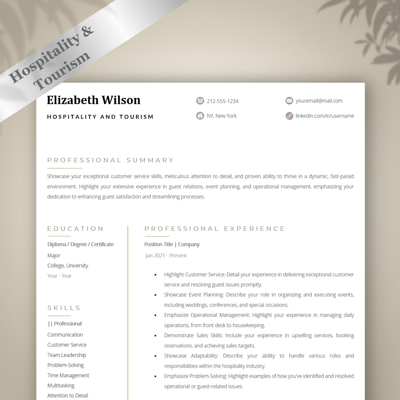 1-3 Page Hospitality Resume Template Word, Editable CV With Cover ...