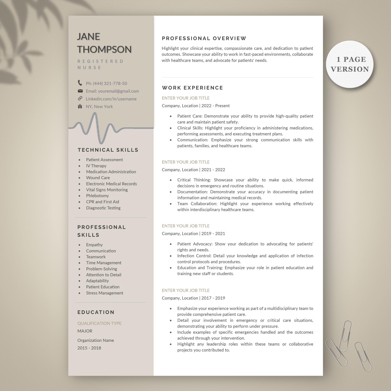 New Grad Nurse Resume Template for Word, Editable Registered Nurse CV ...