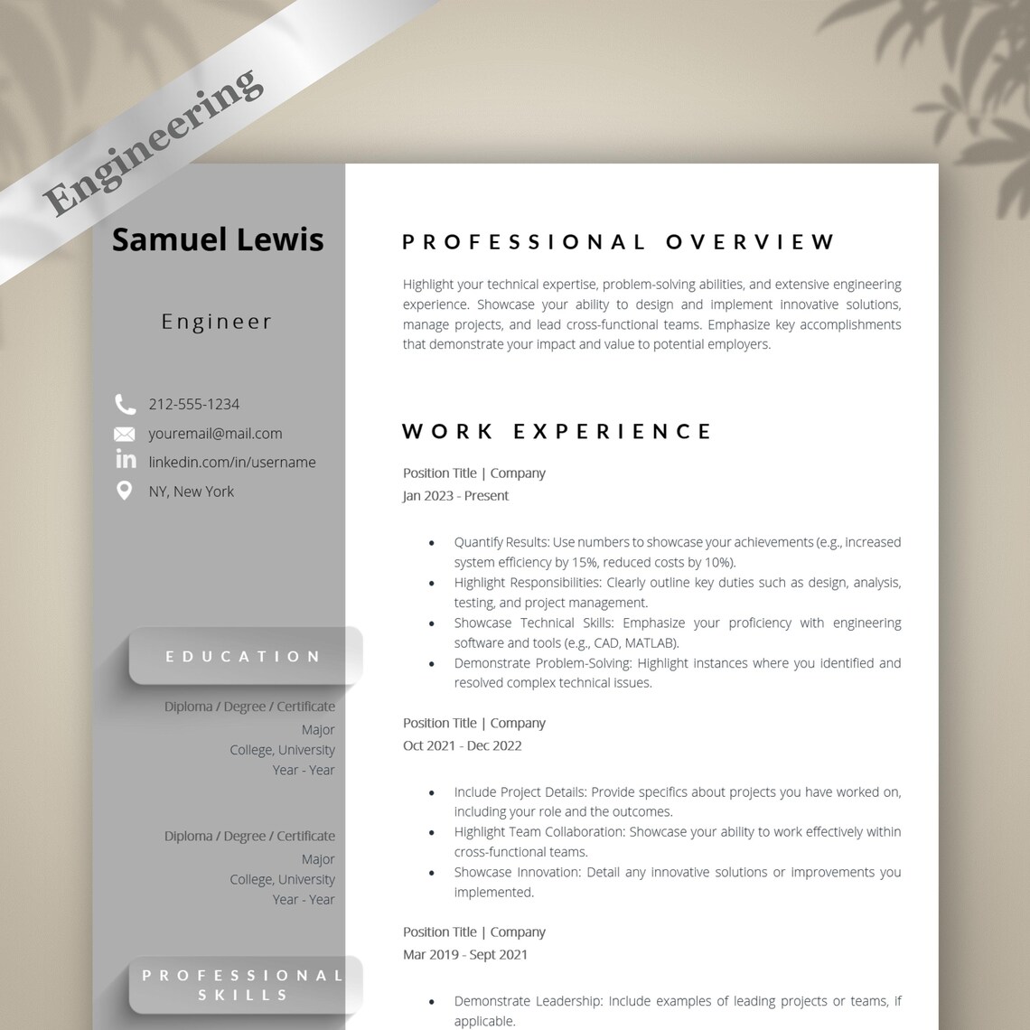 2-page Engineering Resume Template, Professional CV, Cover Letter ...
