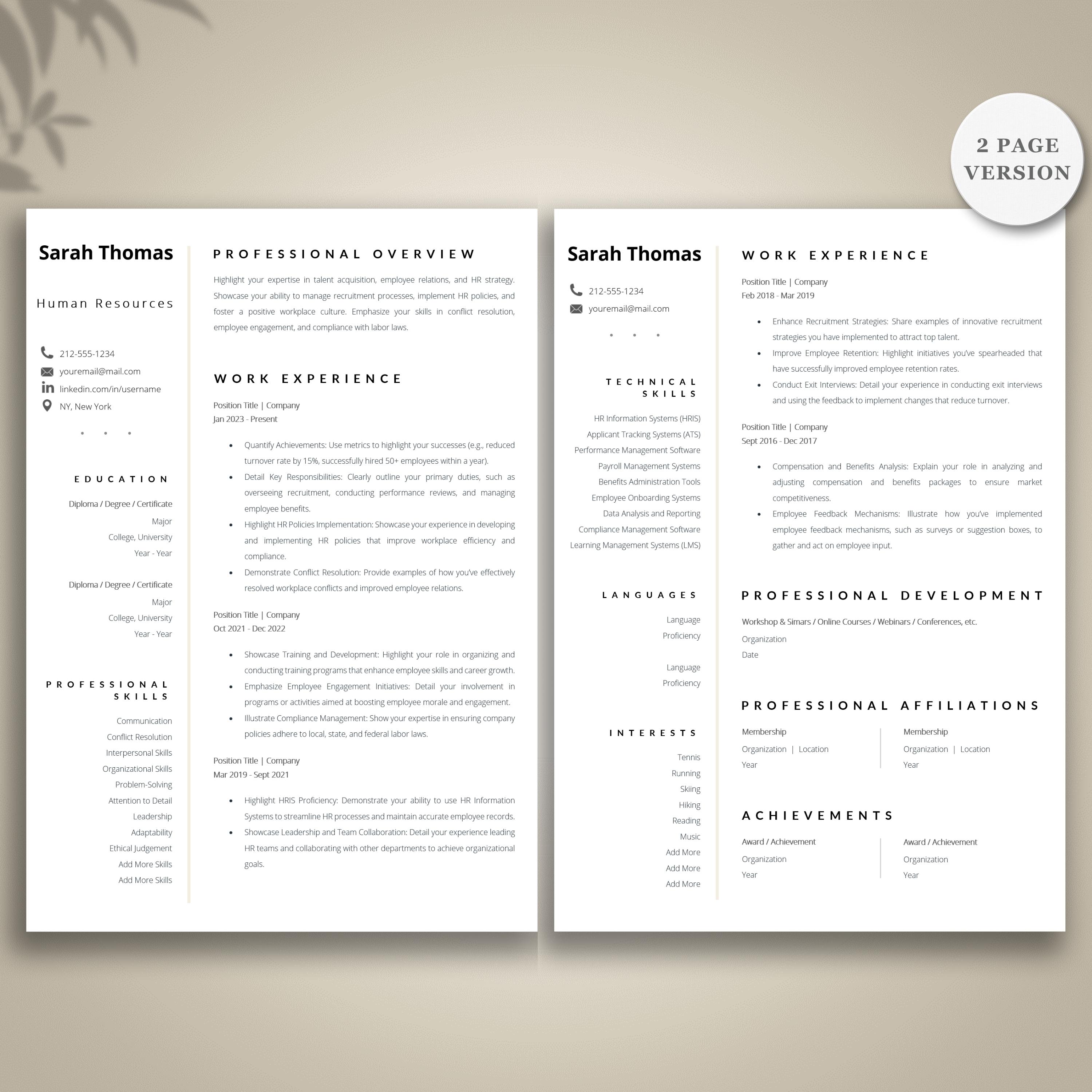 Human Resources Resume Template for Word, Editable CV, 2-page ...