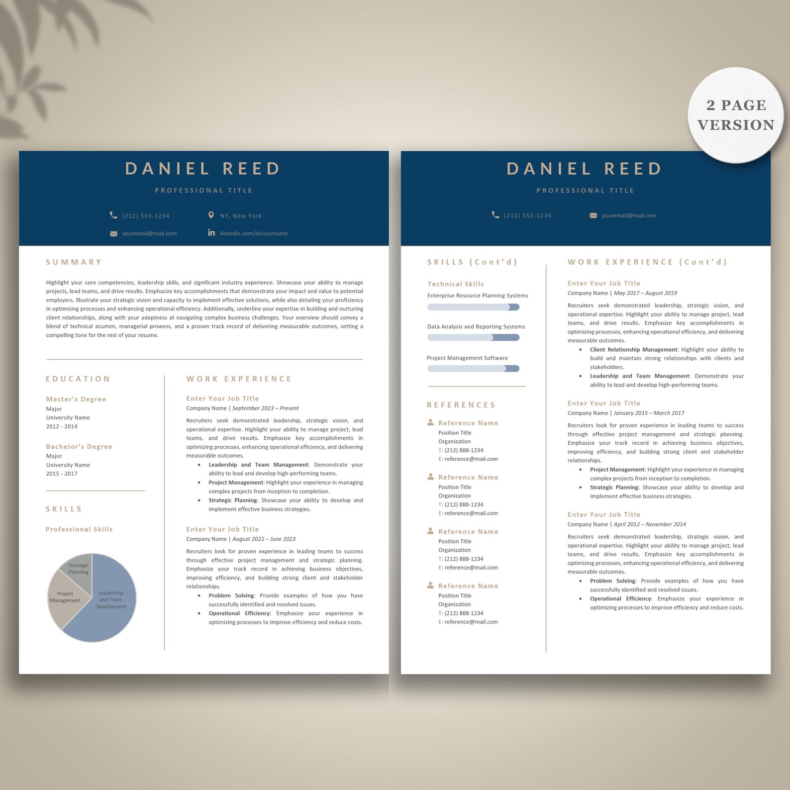 1-2 Page Resume, Visual CV Template Editable in Word, CEO & Leadership ...