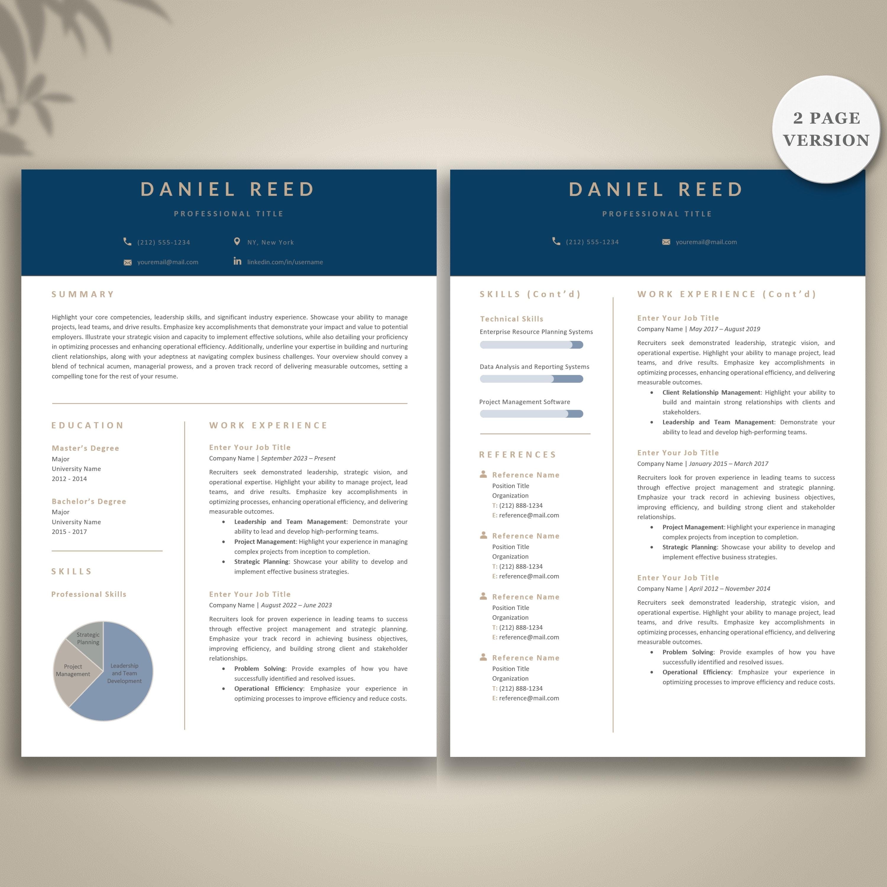 1-2 Page Resume, Visual CV Template Editable in Word, CEO & Leadership ...