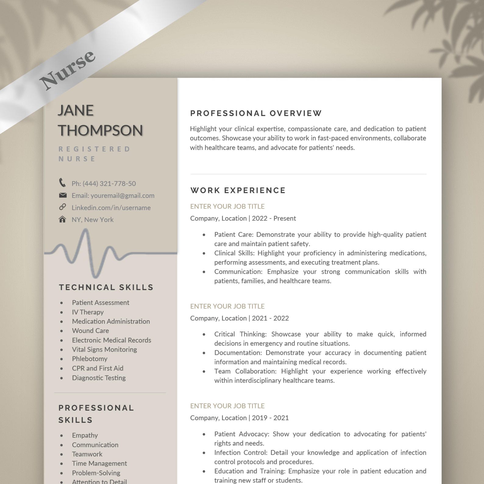 New Grad Nurse Resume Template for Word, Editable Registered Nurse CV ...