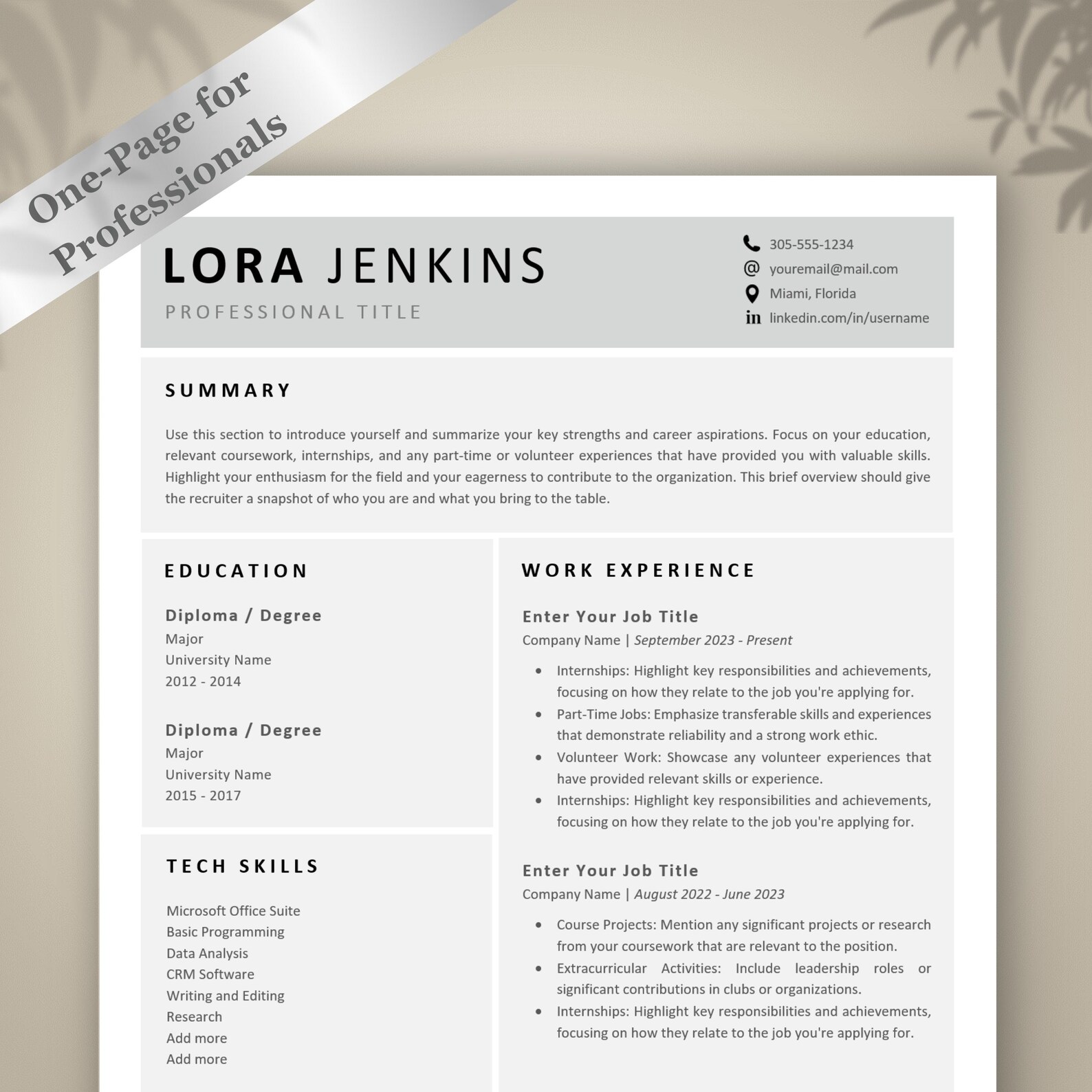 1-page Resume Template, Clean & Simplified Design, Editable in Word, CV ...