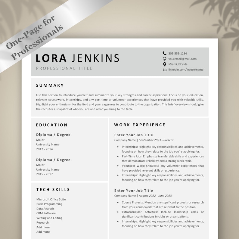 1-page Resume Template, Clean & Simplified Design, Editable in Word, CV ...