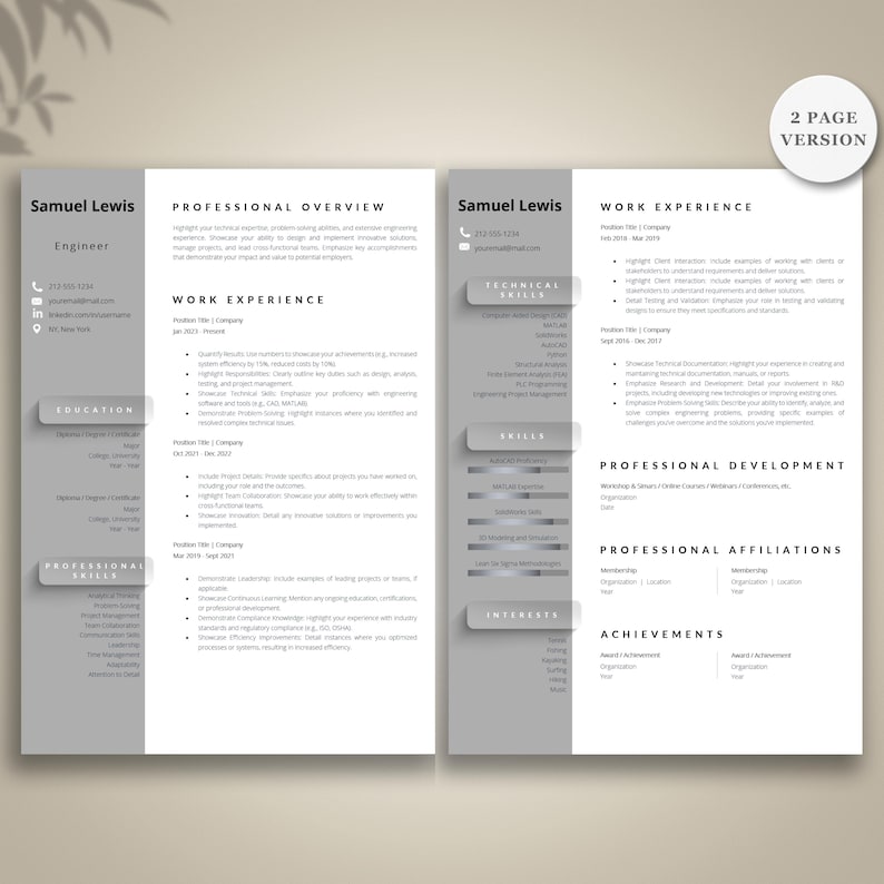 2-page Engineering Resume Template, Professional CV, Cover Letter ...