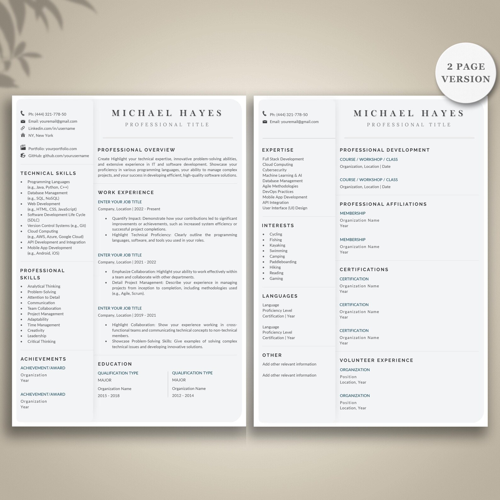 IT Resume Word Template, Editable 1-2 Page CV for Software Developers ...