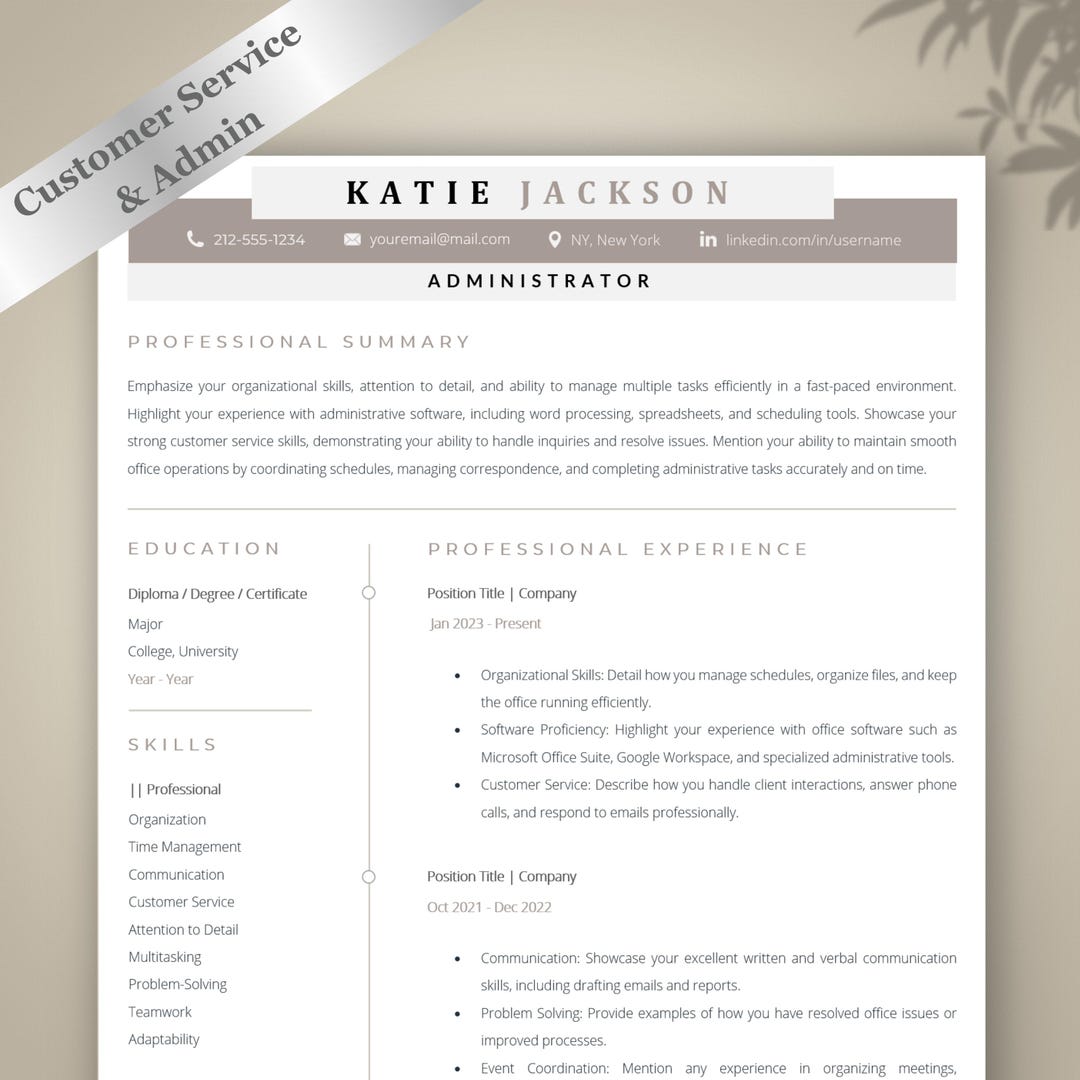 Executive Assistant Resume Template for Word, 1-3 Page Admin Assistant ...