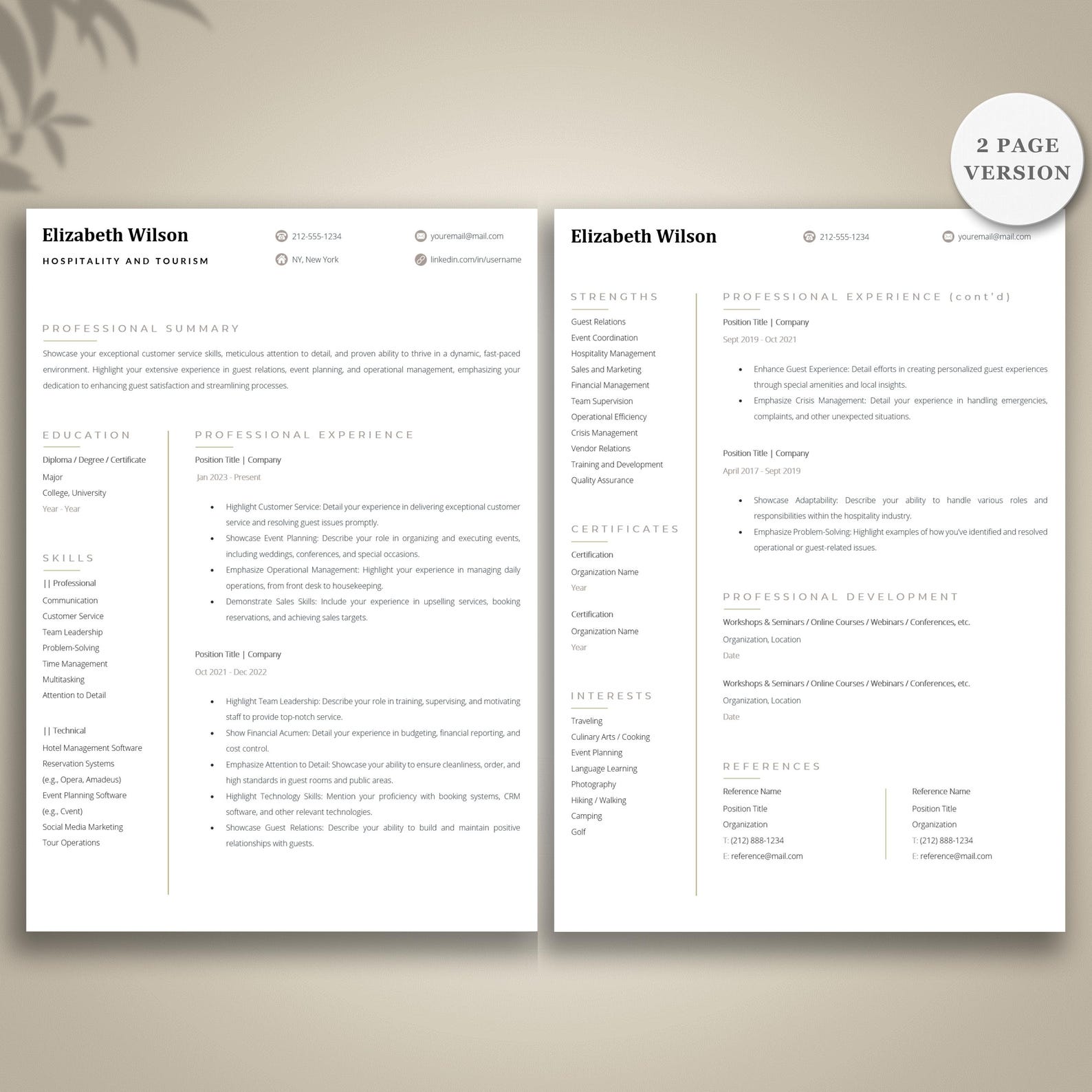 1-3 Page Hospitality Resume Template Word, Editable CV With Cover ...