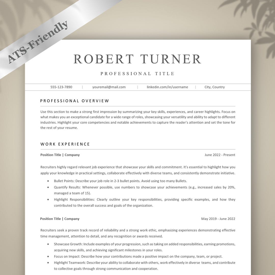 Modern ATS Compliant Resume Template, 2 Page Simplified Design for Word ...