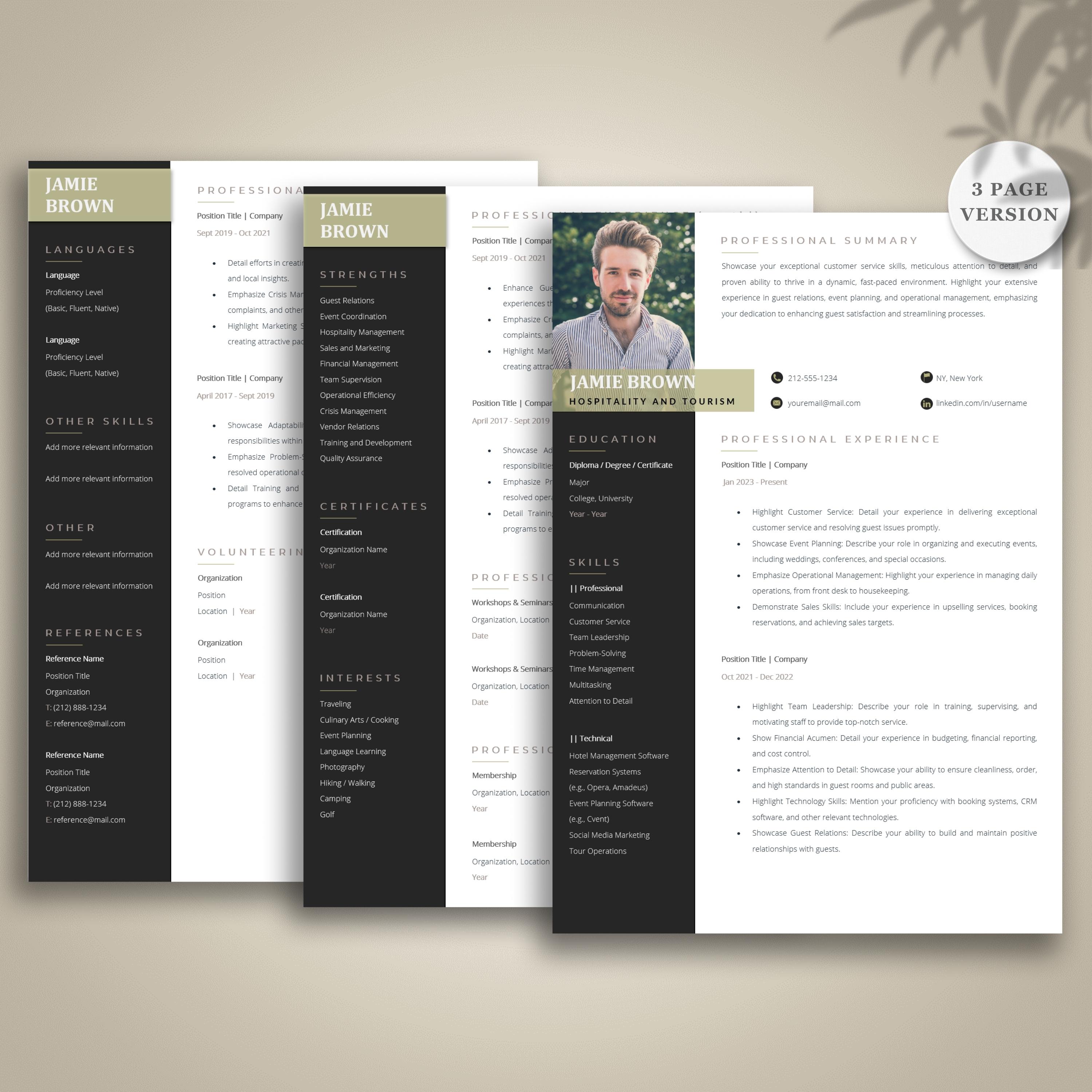 Hospitality Resume Template With Photo for Word, 1-3 Pages, Tourism ...