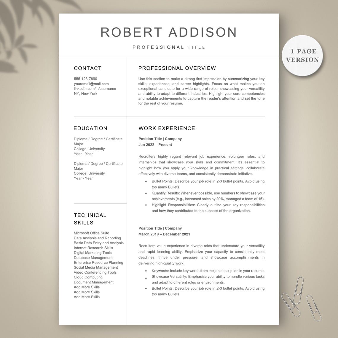 1-3 Page Print Ready Resume Template for Word With Cover Letter ...