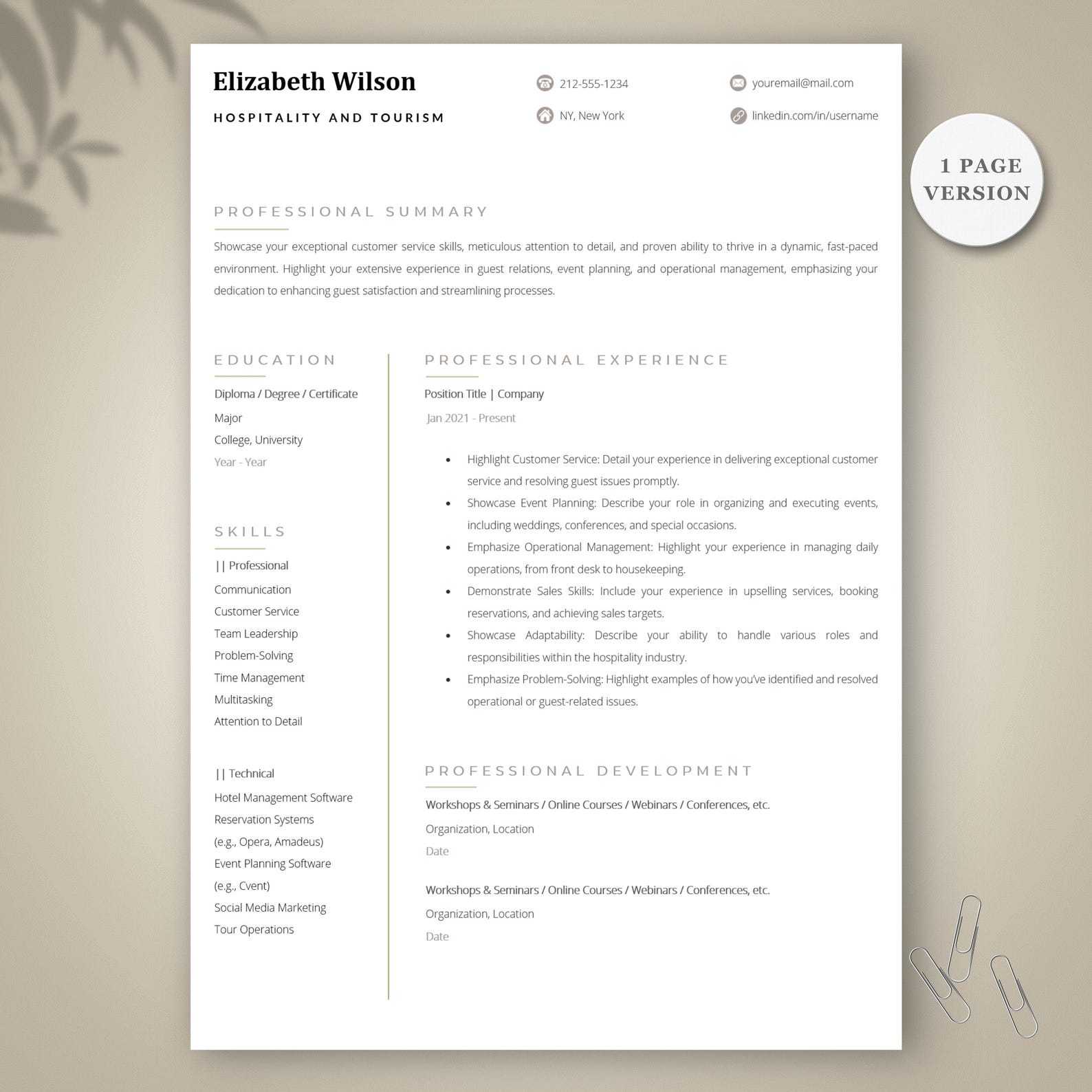 1-3 Page Hospitality Resume Template Word, Editable CV With Cover ...