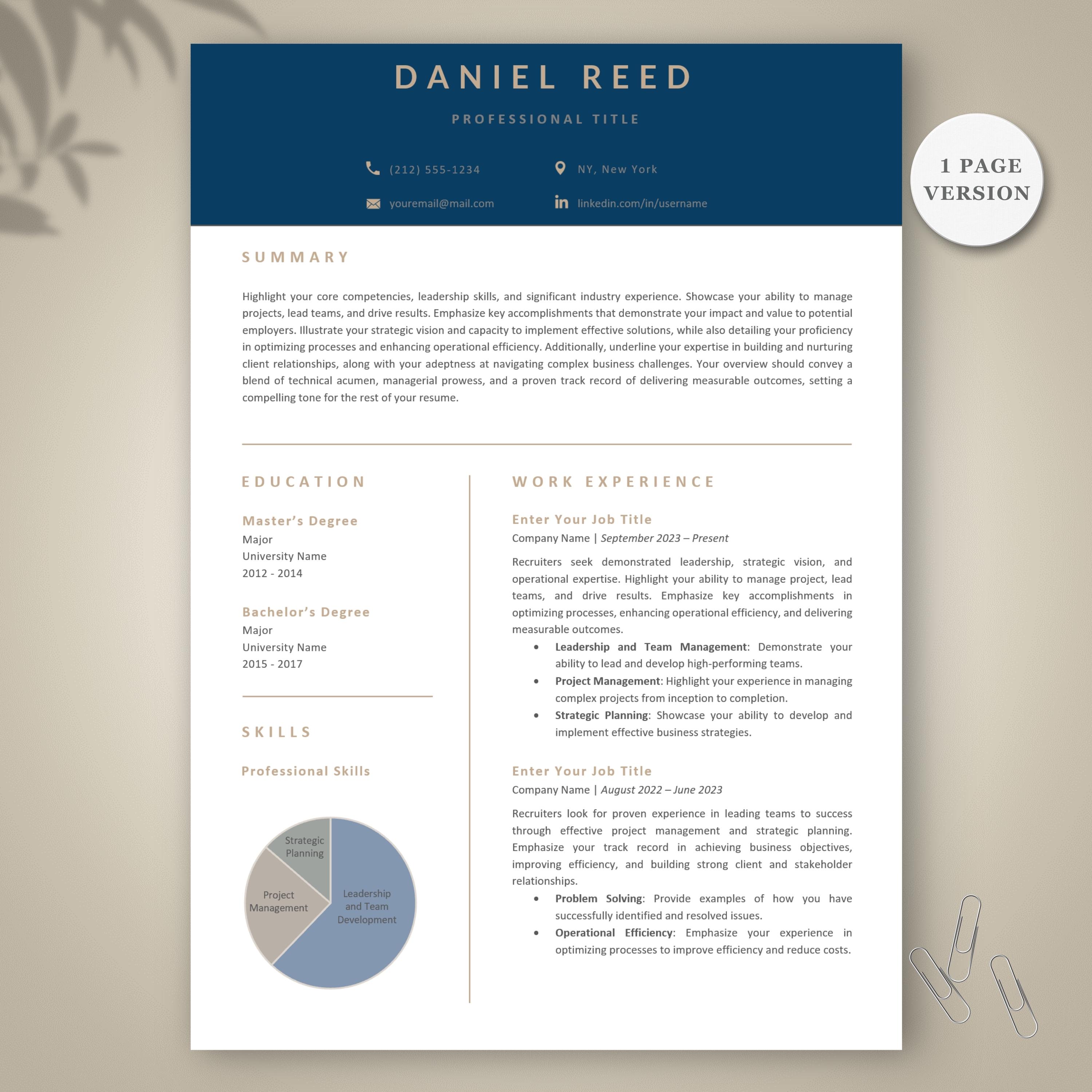 1-2 Page Resume, Visual CV Template Editable in Word, CEO & Leadership ...