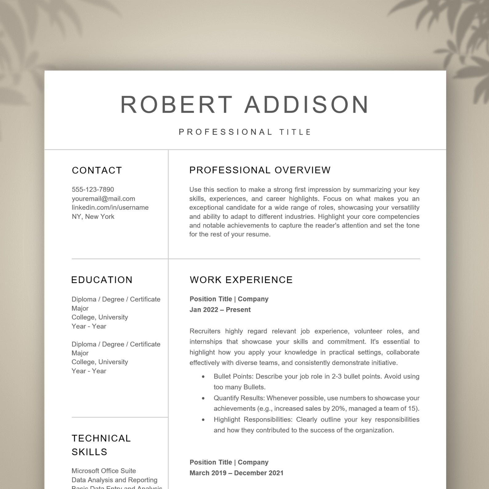 1-3 Page Print Ready Resume Template for Word With Cover Letter ...