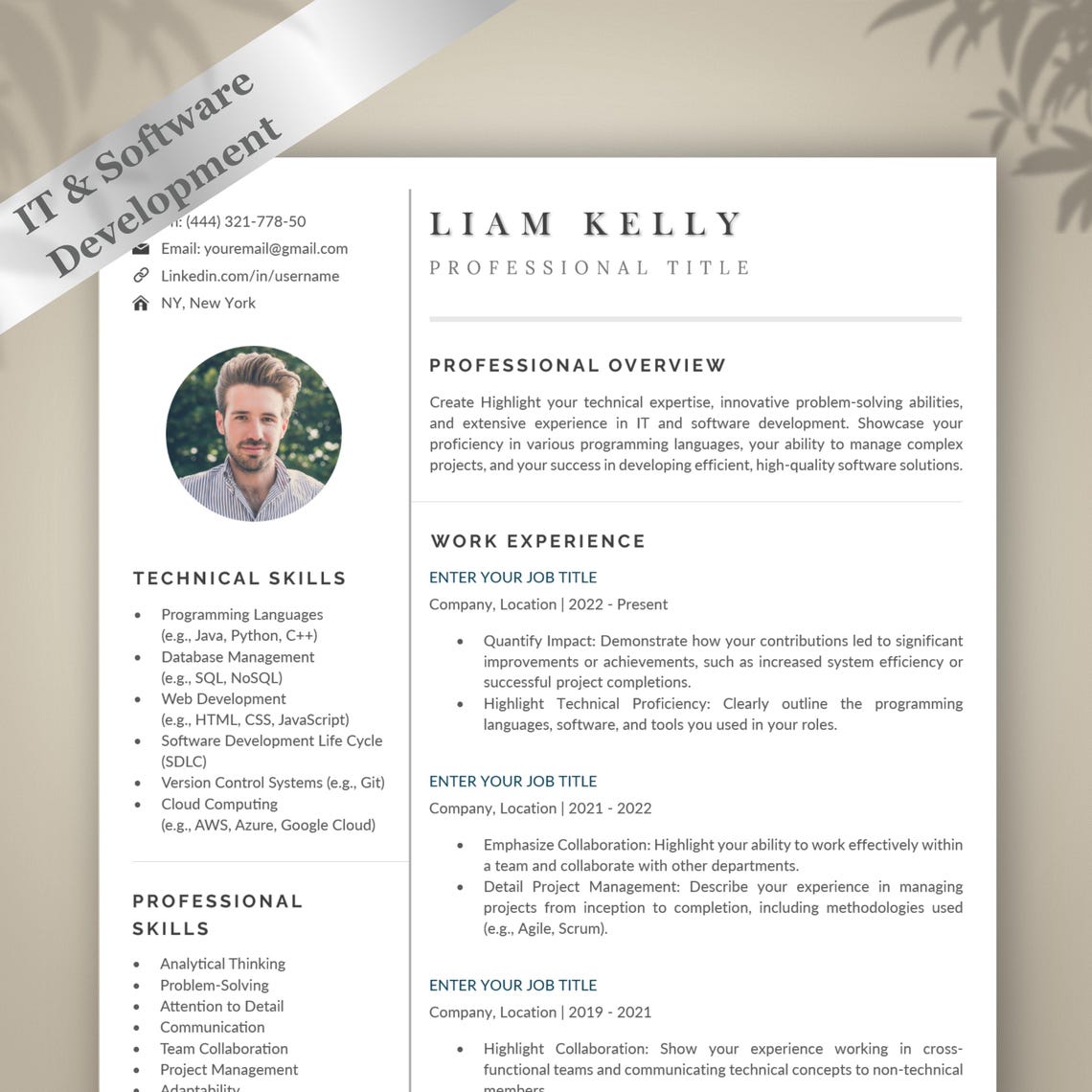 Professional IT Resume Word Template, 1-2 Page Editable CV for Software ...