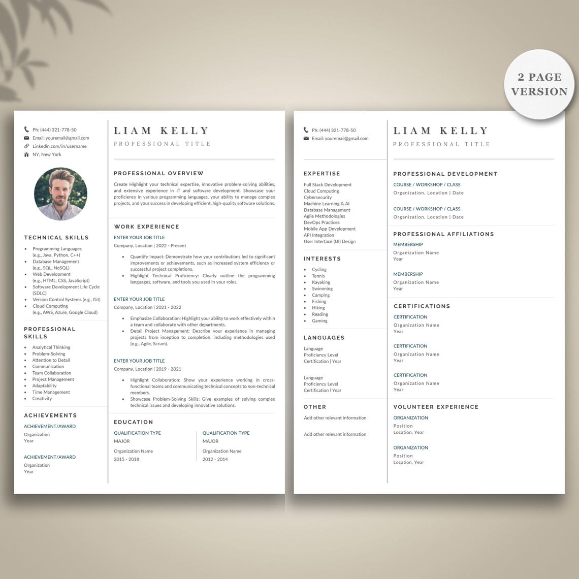 Professional IT Resume Word Template, 1-2 Page Editable CV for Software ...