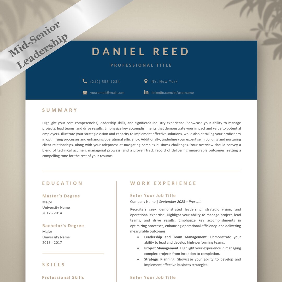 1-2 Page Resume, Visual CV Template Editable in Word, CEO & Leadership ...