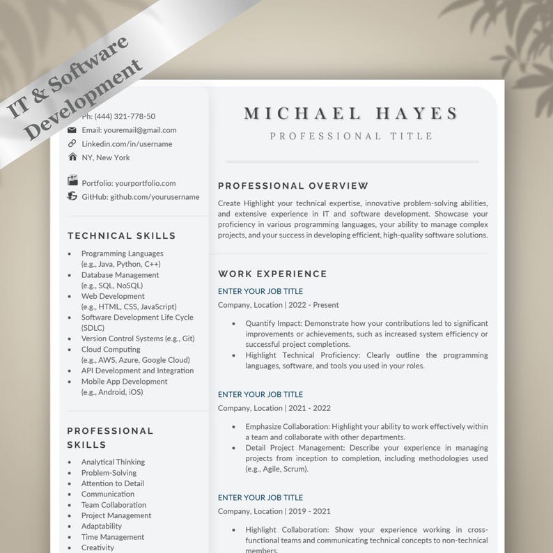 IT Resume Word Template, Editable 1-2 Page CV for Software Developers ...