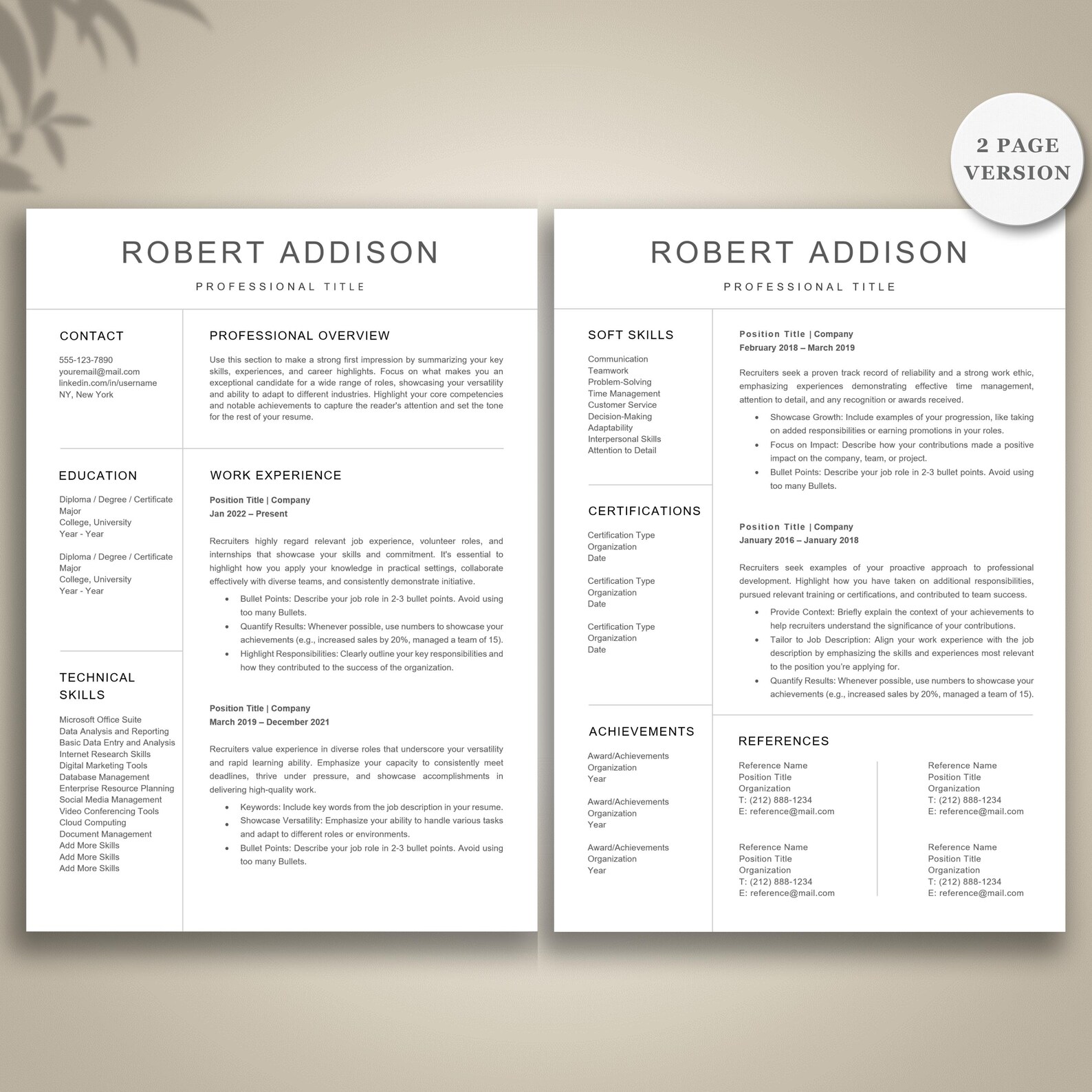 1-3 Page Print Ready Resume Template for Word With Cover Letter ...