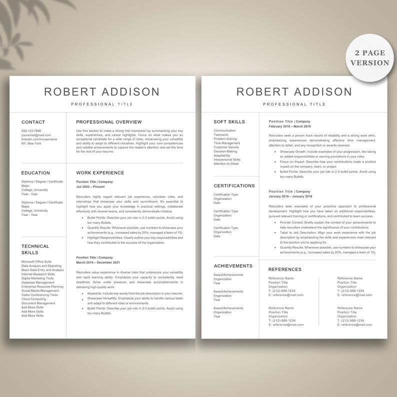 1-3 Page Print Ready Resume Template for Word With Cover Letter ...